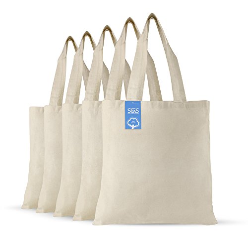 Simply Green Solutions Reusable Cotton Cloth Grocery Craft Bag, 15 x 16 Reusable Tote with Handle, Pack of 5, Natural