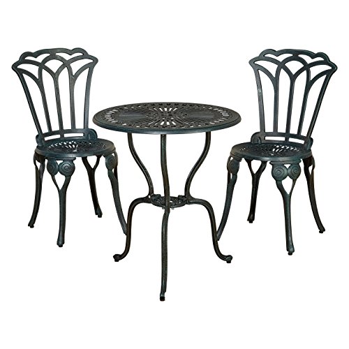 Target Marketing Systems Jade Modern Aluminum Round Outdoor Patio Table and Chair Bistro, 3 Piece Set, Antique Green