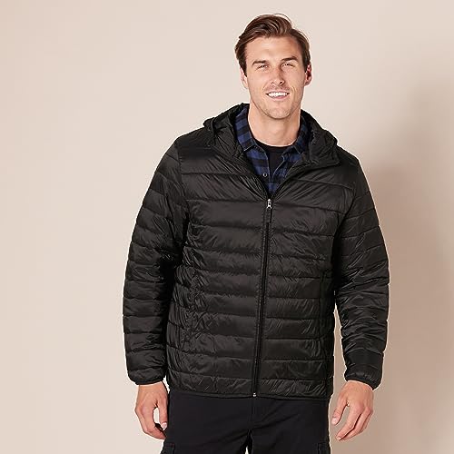 Amazon Essentials Men's Lightweight Water-Resistant Packable Hooded Puffer Jacket, Black, Small