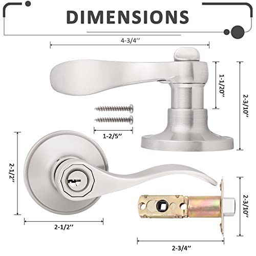 Probrico (3 Pack Entry Door Lever [Lock with 3 Keys],Locking Door Handle Set for Office or Front Door,Satin Nickel Finish Wave Entrance Door Lock with Key, Reversible Right & Left Side Handed