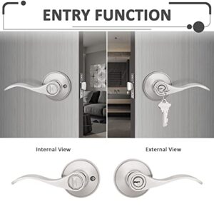 Probrico (3 Pack Entry Door Lever [Lock with 3 Keys],Locking Door Handle Set for Office or Front Door,Satin Nickel Finish Wave Entrance Door Lock with Key, Reversible Right & Left Side Handed