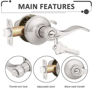 Probrico (3 Pack Entry Door Lever [Lock with 3 Keys],Locking Door Handle Set for Office or Front Door,Satin Nickel Finish Wave Entrance Door Lock with Key, Reversible Right & Left Side Handed