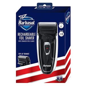 barbasol rechargeable electric foil shaver with stainless steel blades and pop up trimmer