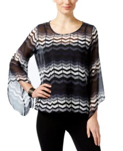 alfani womens sheer zigzag pullover blouse ombrezigzagbl pm - petite