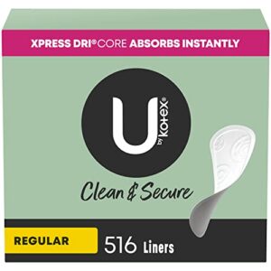 u by kotex clean & secure panty liners, light absorbency, regular length, 516 count (4 packs of 129)