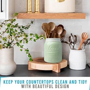 Comfify Wide Mouth Mason Jar Utensil Holder Decorative Kitchenware Organizer Crock, Chip Resistant Ceramic, Dishwasher Safe - Kitchen Caddy Green, Large Size 7" High