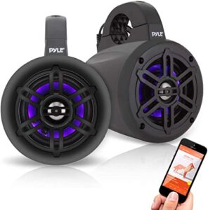 pyle waterproof marine wakeboard tower speakers - 4 inch dual subwoofer speaker set w/led lights & bluetooth for wireless music streaming - boat audio system w/mounting clamps plmrlewb47bb