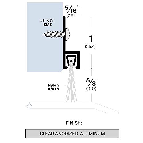 Clear Anodized Aluminum Door Bottom Sweep with 5/8'' Nylon Brush (72918CA), SMS #6 x 1/2'' Supplied, (5/16'' W x 1'' H x 48'' L)