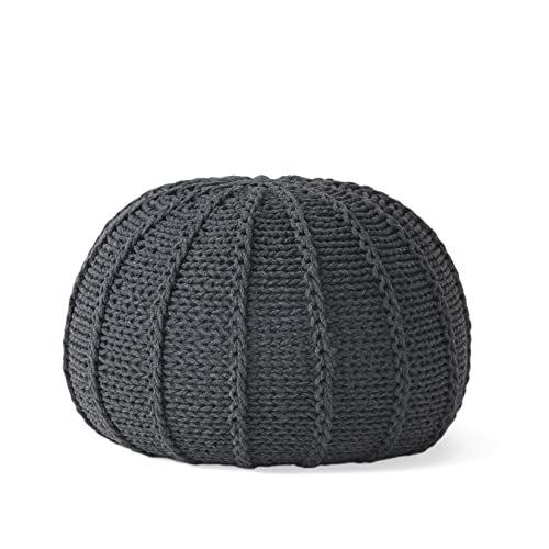 Christopher Knight Home Agatha Knitted Cotton Pouf, Dark Grey Small