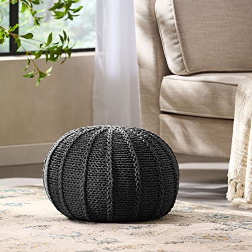 Christopher Knight Home Agatha Knitted Cotton Pouf, Dark Grey Small