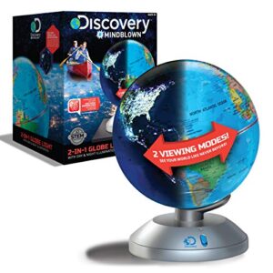 discovery kids 2-in-1 world globe led lamp w/day & night modes, stem geography map educational toy for children, solar system, light up cities and countries, rotating w/display stand