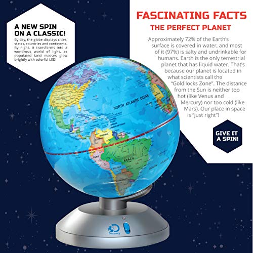 Discovery Kids 2-in-1 World Globe LED Lamp w/Day & Night Modes, STEM Geography Map Educational Toy for Children, Solar System, Light Up Cities and Countries, Rotating w/Display Stand