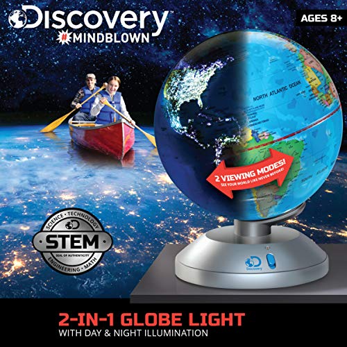 Discovery Kids 2-in-1 World Globe LED Lamp w/Day & Night Modes, STEM Geography Map Educational Toy for Children, Solar System, Light Up Cities and Countries, Rotating w/Display Stand