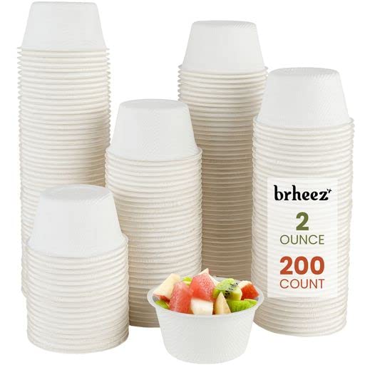 brheez 2 oz - Pack of 200 White Paper Souffle Cup - Small Paper Cups for Sample, Mouthwash Cups, Condiment Cups, Snack Cups, Souffle Cups - Mini Biodegradable Compostable & Disposable Tasting Cups