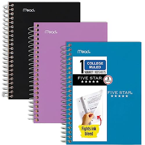 Five Star Personal Spiral Notebooks, 3 Pack, 1 Subject, College Ruled Paper, 7" x 4-3/8", Small Size, 100 Sheets, Black, Tidewater Blue and Amethyst Purple (38643)