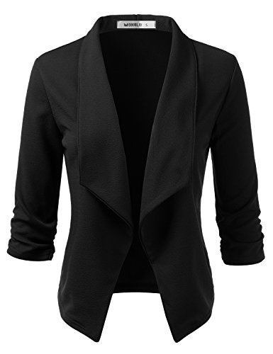 DOUBLJU Women's Casual Work Ruched 3/4 Sleeve Open Front Blazer Jacket with Plus Size Black