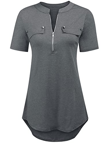 Women's Fashion Split V Neck Plain Short Sleeve Casual Cute Tunic Blouses Tops Grey XL