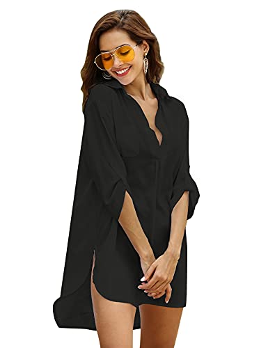 Ekouaer Womens Bathing Suit Swimwear Beach Cover Up Bikini/Swimsuit Shirt Dress Black