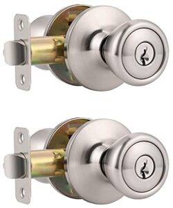 home improvement direct keyed alike entry door knob, reversible tulip style knobs with lock and same key, satin nickel interior/exterior lockset for bedroom, bathroom, front door 2 pack