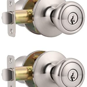 home improvement direct Keyed Alike Entry Door Knob, Reversible Tulip Style Knobs with Lock and Same Key, Satin Nickel Interior/Exterior Lockset for Bedroom, Bathroom, Front Door 2 Pack