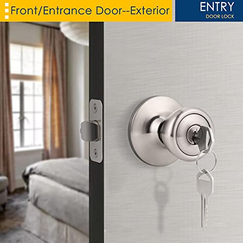 home improvement direct Keyed Alike Entry Door Knob, Reversible Tulip Style Knobs with Lock and Same Key, Satin Nickel Interior/Exterior Lockset for Bedroom, Bathroom, Front Door 2 Pack