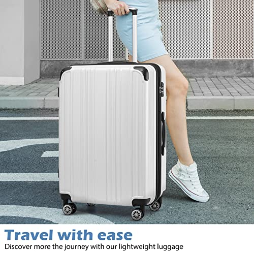 Coolife Luggage Expandable 5 Piece Sets PC+ABS Spinner Suitcase 20 inch 24 inch 28 inch (white grid new)