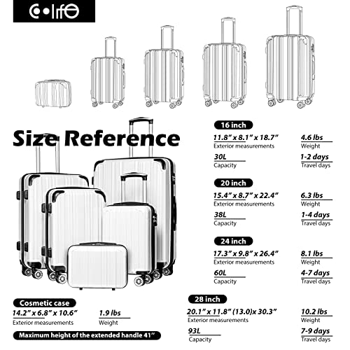 Coolife Luggage Expandable 5 Piece Sets PC+ABS Spinner Suitcase 20 inch 24 inch 28 inch (white grid new)