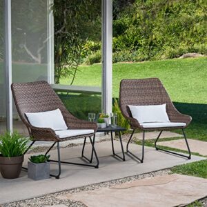 Hanover Accent 3-Piece White Wicker Chat Set, Modern Outdoor Furniture, 2 Scoop Chairs, 15'' Square Side Table, Rust-Resistant Steel Frames, Cushions, Pillows