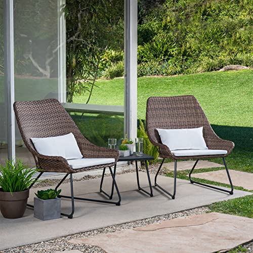 Hanover Accent 3-Piece White Wicker Chat Set, Modern Outdoor Furniture, 2 Scoop Chairs, 15'' Square Side Table, Rust-Resistant Steel Frames, Cushions, Pillows