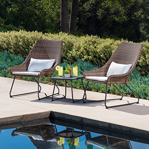 Hanover Accent 3-Piece White Wicker Chat Set, Modern Outdoor Furniture, 2 Scoop Chairs, 15'' Square Side Table, Rust-Resistant Steel Frames, Cushions, Pillows