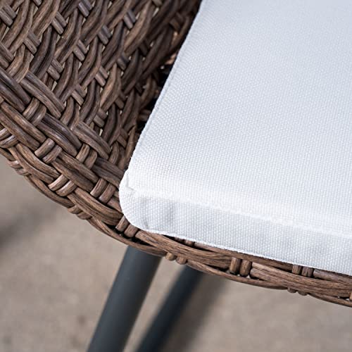 Hanover Accent 3-Piece White Wicker Chat Set, Modern Outdoor Furniture, 2 Scoop Chairs, 15'' Square Side Table, Rust-Resistant Steel Frames, Cushions, Pillows