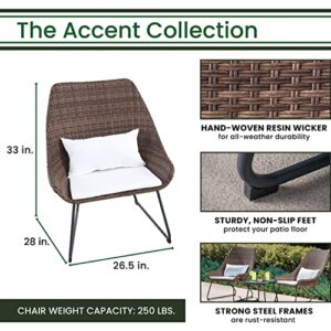 Hanover Accent 3-Piece White Wicker Chat Set, Modern Outdoor Furniture, 2 Scoop Chairs, 15'' Square Side Table, Rust-Resistant Steel Frames, Cushions, Pillows