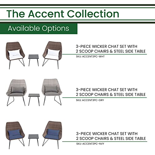 Hanover Accent 3-Piece White Wicker Chat Set, Modern Outdoor Furniture, 2 Scoop Chairs, 15'' Square Side Table, Rust-Resistant Steel Frames, Cushions, Pillows