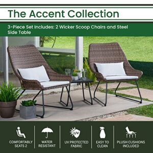 Hanover Accent 3-Piece White Wicker Chat Set, Modern Outdoor Furniture, 2 Scoop Chairs, 15'' Square Side Table, Rust-Resistant Steel Frames, Cushions, Pillows