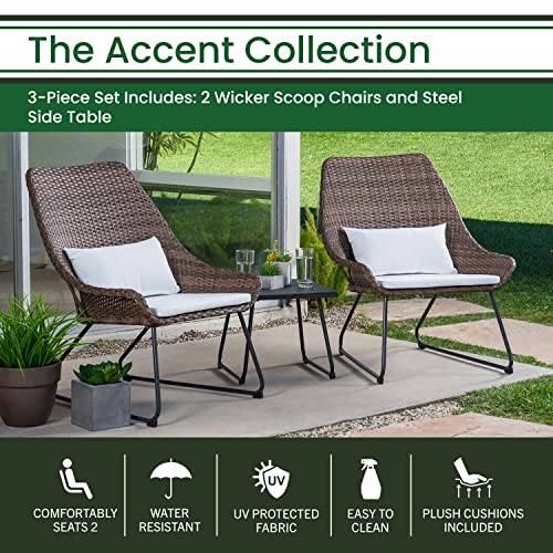 Hanover Accent 3-Piece White Wicker Chat Set, Modern Outdoor Furniture, 2 Scoop Chairs, 15'' Square Side Table, Rust-Resistant Steel Frames, Cushions, Pillows