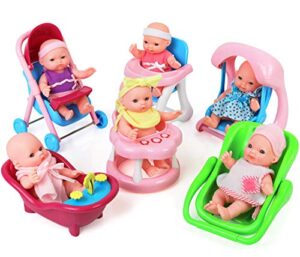 click n' play mini 5 inch baby girl toy dolls with stroller, high chair, bathtub, infant seat, and swing accessories for girls 3-6 years old