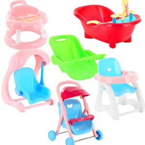 Click N' Play Mini 5 Inch Baby Girl Toy Dolls with Stroller, High Chair, Bathtub, Infant Seat, and Swing Accessories for Girls 3-6 Years Old