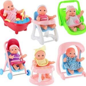 Click N' Play Mini 5 Inch Baby Girl Toy Dolls with Stroller, High Chair, Bathtub, Infant Seat, and Swing Accessories for Girls 3-6 Years Old