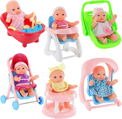 Click N' Play Mini 5 Inch Baby Girl Toy Dolls with Stroller, High Chair, Bathtub, Infant Seat, and Swing Accessories for Girls 3-6 Years Old