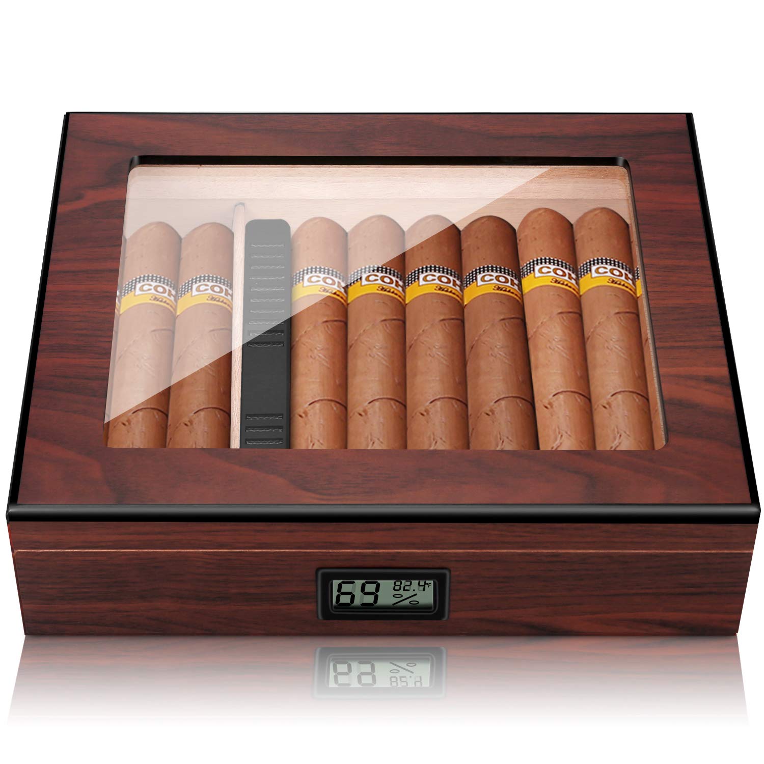 Cigar Humidor Cigar Box with Humidifier and Digital Hygrometer Glass Top for 20-25 Cigars Pouch Gifts for Dad