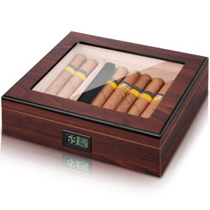 Cigar Humidor Cigar Box with Humidifier and Digital Hygrometer Glass Top for 20-25 Cigars Pouch Gifts for Dad