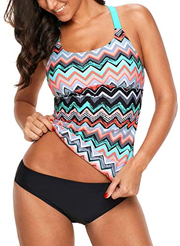 Dokotoo Womens Junior Retro Striped Zigzag Print Color Block Racerback Blouson Push Up Tankini Swim Bikini Top No Bottom Swimsuit Bathing Suit Swimwear X-Large