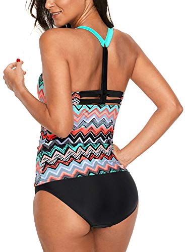 Dokotoo Womens Junior Retro Striped Zigzag Print Color Block Racerback Blouson Push Up Tankini Swim Bikini Top No Bottom Swimsuit Bathing Suit Swimwear X-Large