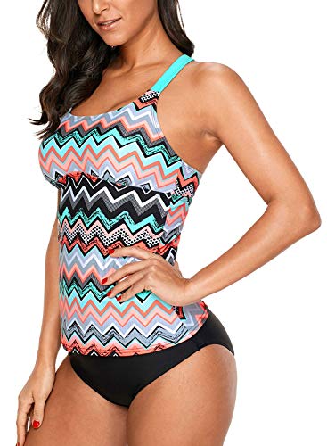 Dokotoo Womens Junior Retro Striped Zigzag Print Color Block Racerback Blouson Push Up Tankini Swim Bikini Top No Bottom Swimsuit Bathing Suit Swimwear X-Large