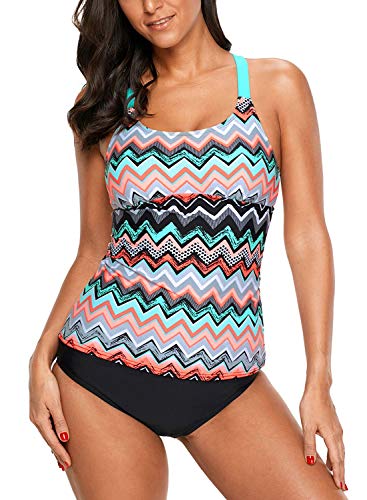 Dokotoo Womens Junior Retro Striped Zigzag Print Color Block Racerback Blouson Push Up Tankini Swim Bikini Top No Bottom Swimsuit Bathing Suit Swimwear X-Large