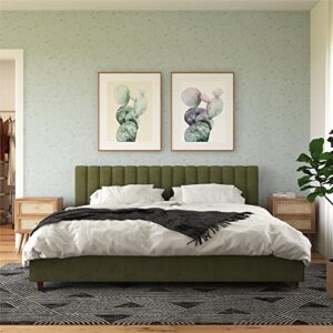 Novogratz Brittany Upholstered Platform Bed Frame, Green Linen, King