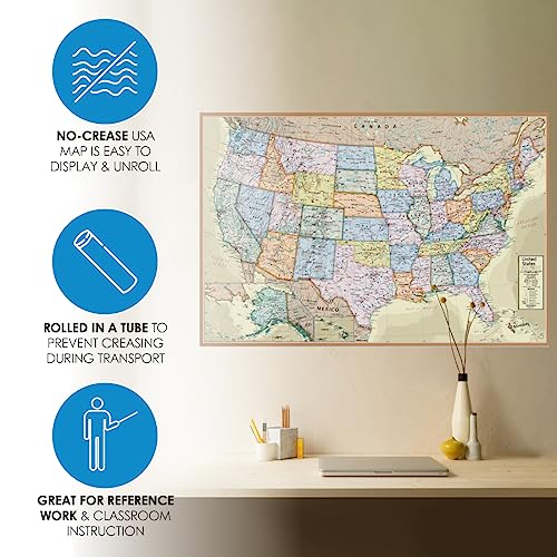 Waypoint Geographic Boardroom Series USA Wall Map, Antique-Style Laminated World Map Poster, Educational Wall Art For Home, Classroom, or Office, Unique Gifts, 24” x 36”