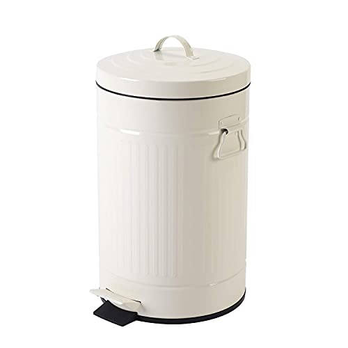 White Trash Can with Lid, White Bathroom Bedroom Waste Basket Soft Close, Small White Garbage Can, Retro Vintage Home Office Trash Can, 12 Liter/3 Gallon, Glossy Cream White