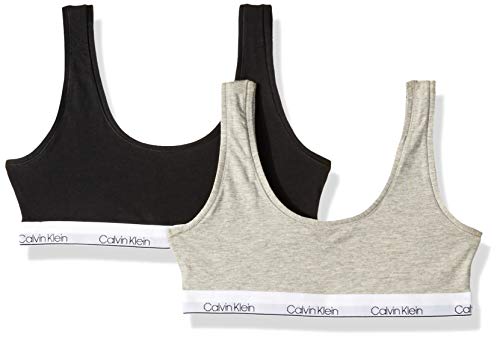 Calvin Klein Girls' Big Modern Cotton Bralette, Singles and Multipack, 2 Pack-Heather Grey, Classic Black, Large