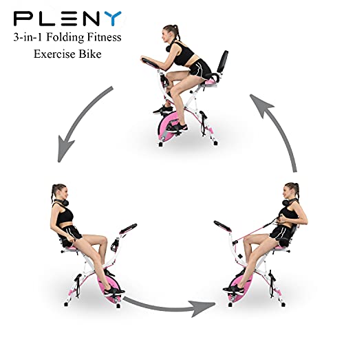 PLENY Folding Exercise Stationary Bike Workout, 3-In-1 Folding Indoor Cycling Exercise Bike, Magnetic Upright Workout Bike with Arm Exercise Resistance Bands and Ankle Strap for Home Gym